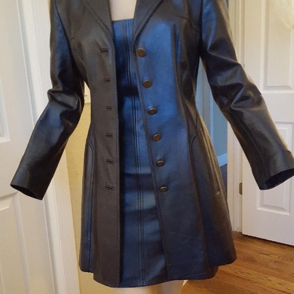 Escada | Jackets & Coats | Escada Blue Metallic Leather Jacket Dress ...